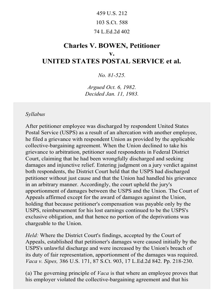 Bowen v. Postal Service, 459 U.S. 212 (1983) | PDF | Collective ...