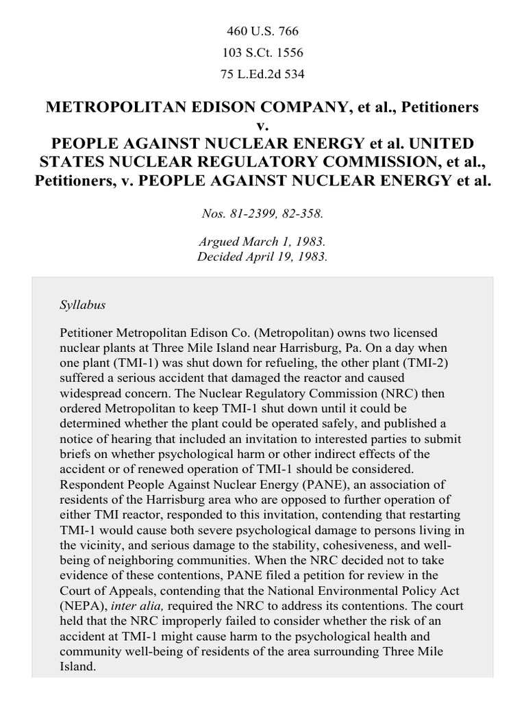 Metropolitan Edison Co. v. People Against Nuclear Energy, 460 U.S. 766 ...