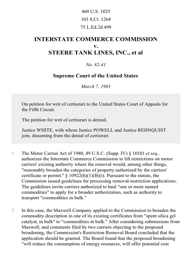 Interstate Commerce Commission v. Steere Tank Lines, Inc., 460 U.S ...
