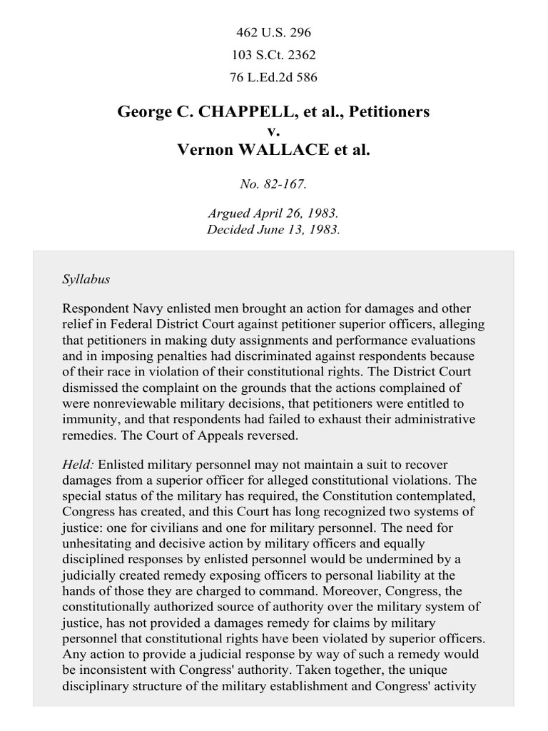 Chappell v. Wallace, 462 U.S. 296 (1983) | PDF | Bivens V. Six Unknown ...
