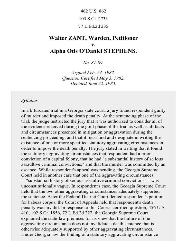 Walter ZANT, Warden, Petitioner v. Alpha Otis O'Daniel STEPHENS | PDF ...