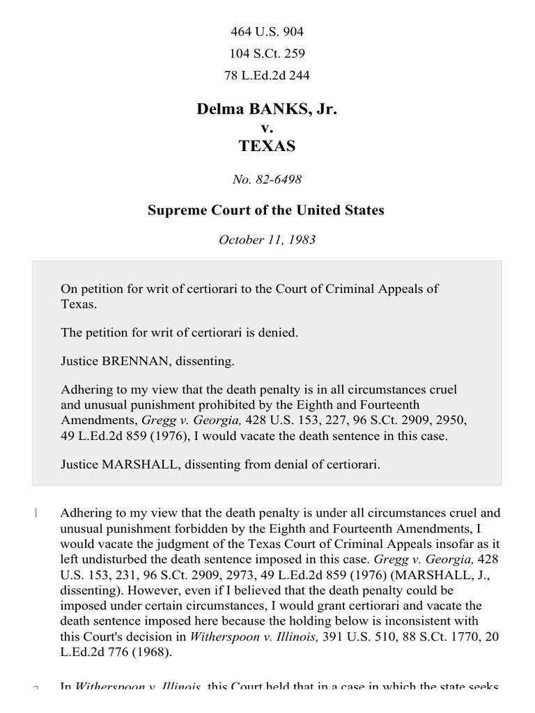Delma Banks, Jr. v. Texas, 464 U.S. 904 (1983) | Download Free PDF ...