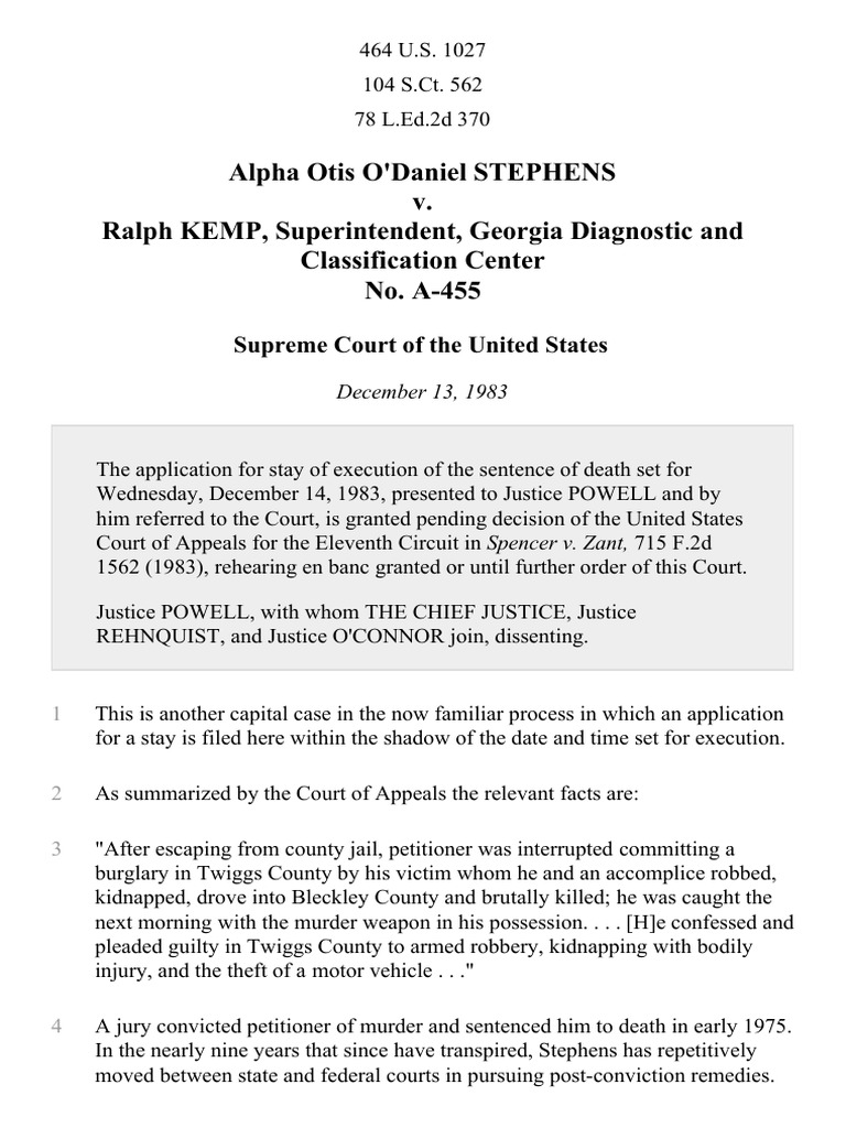 Alpha Otis O'Daniel Stephens v. Ralph Kemp, Superintendent, Georgia ...