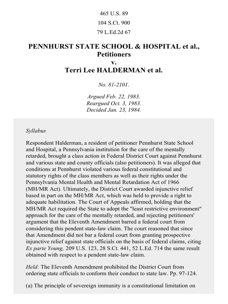 Pennhurst State School and Hospital v. Halderman, 465 U.S. 89 (1984 ...