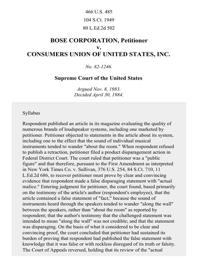Bose Corp. v. Consumers Union of United States, Inc., 466 U.S. 485 ...