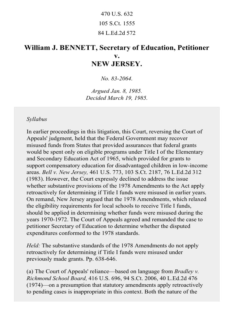Bennett v. New Jersey, 470 U.S. 632 (1985) | PDF | Elementary And ...