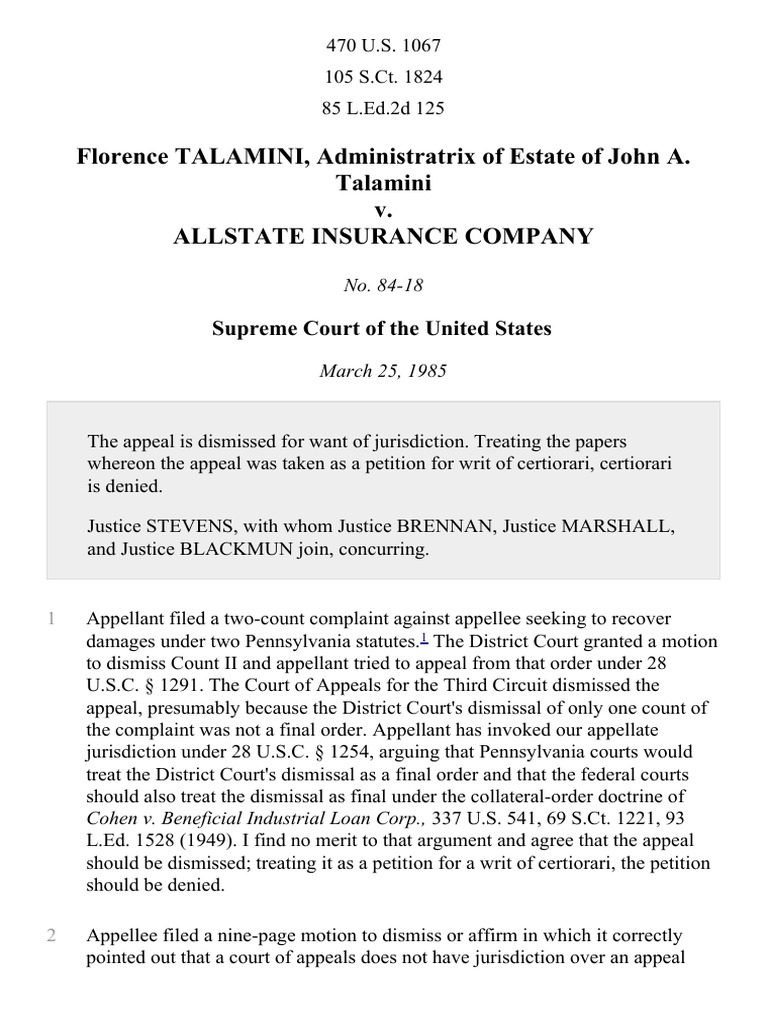 Florence Talamini, Administratrix of Estate of John A. Talamini v ...