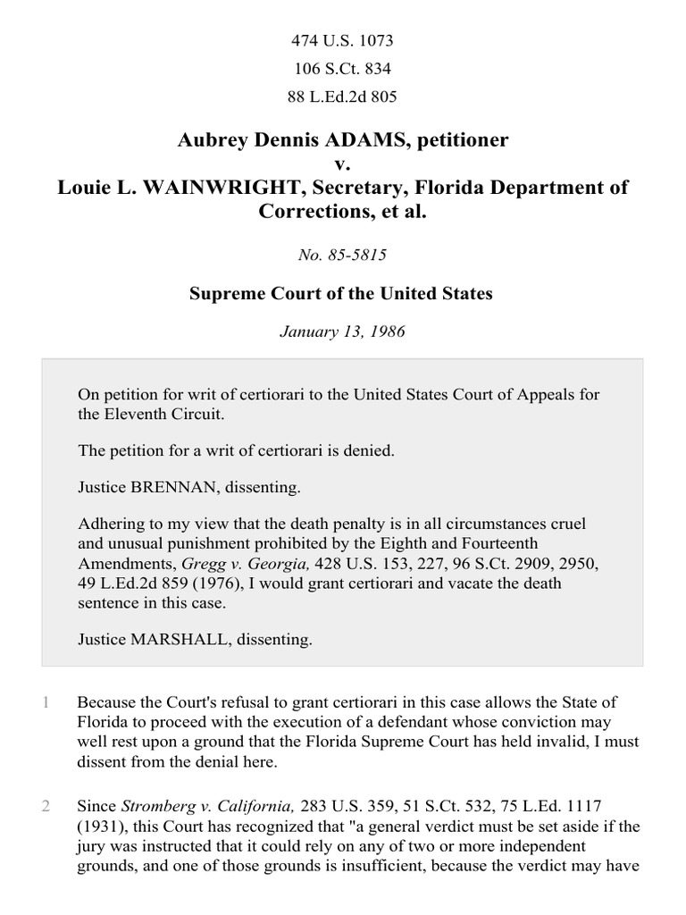Aubrey Dennis Adams v. Louie L. Wainwright, Secretary, Florida Department of Corrections, 474 U ...