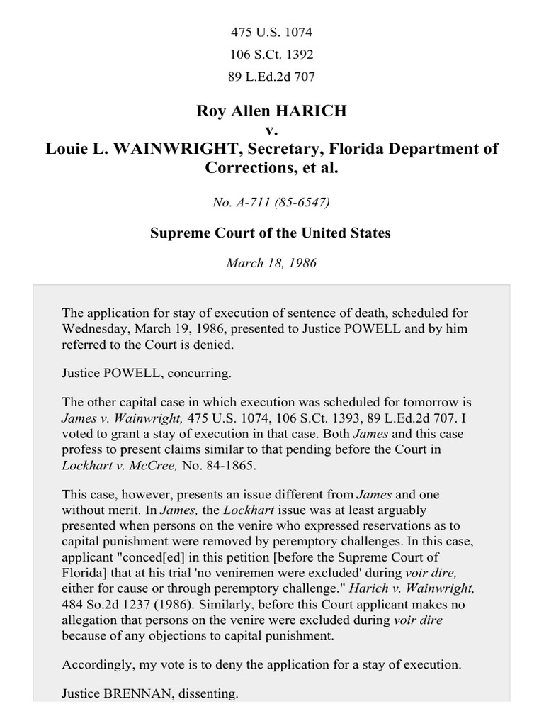 Roy Allen Harich v. Louie L. Wainwright, Secretary, Florida Department ...