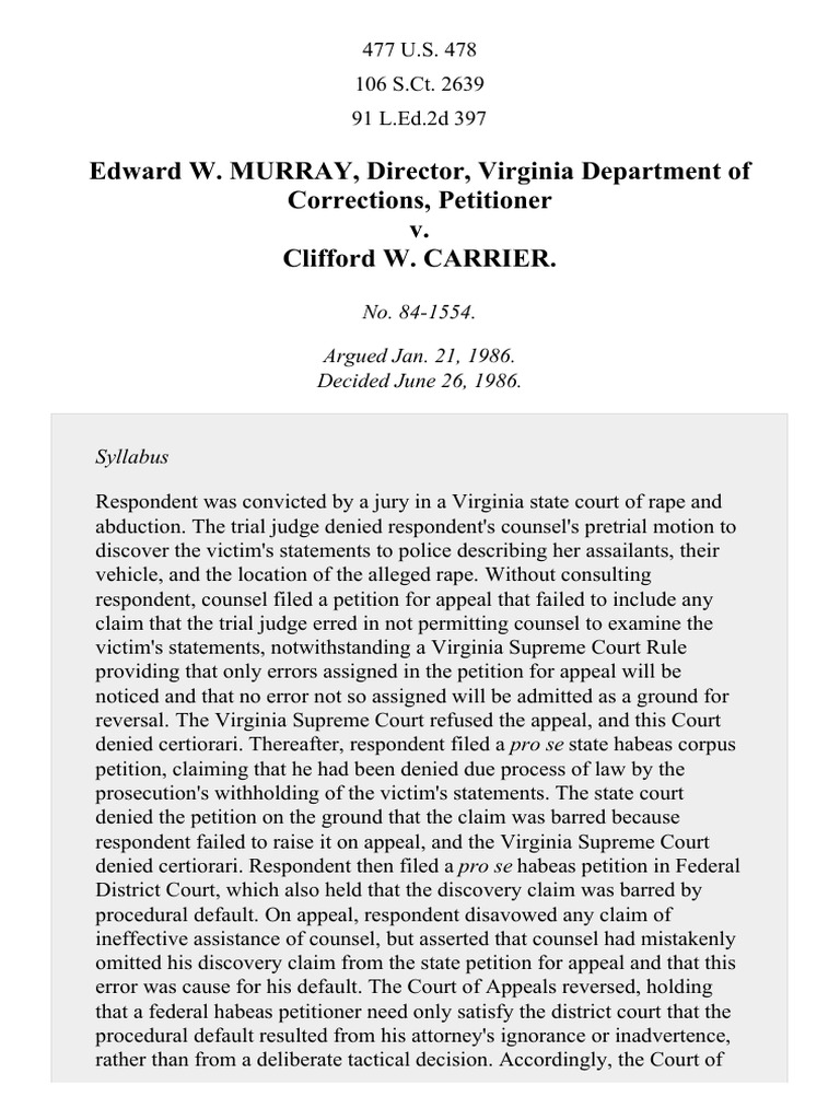 Murray v. Carrier, 477 U.S. 478 (1986) | PDF | Supreme Court Of The ...