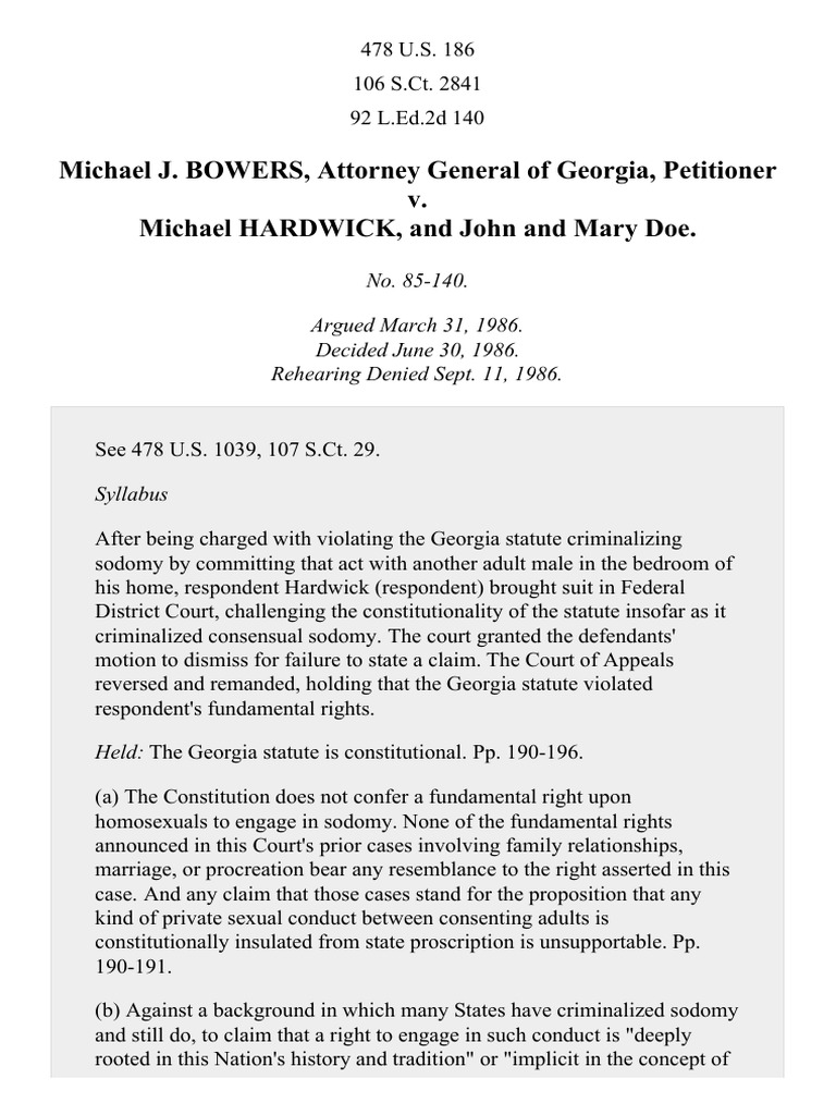 Bowers v. Hardwick, 478 U.S. 186 (1986) | Bowers V. Hardwick | Supreme ...