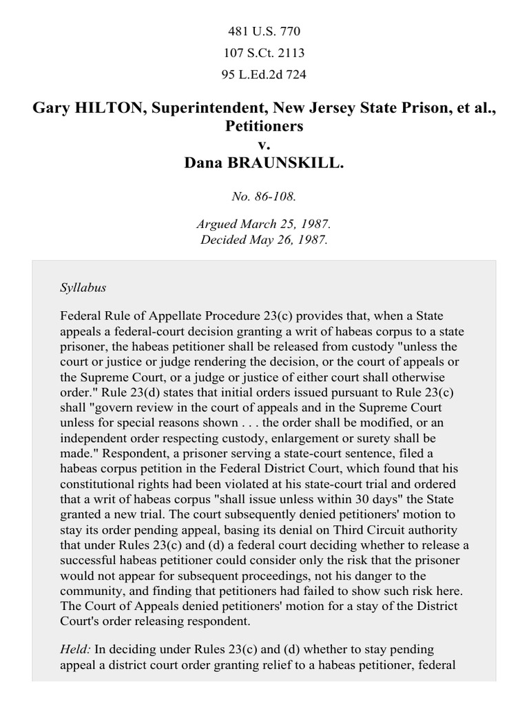 Hilton v. Braunskill, 481 U.S. 770 (1987) | PDF | Habeas Corpus ...