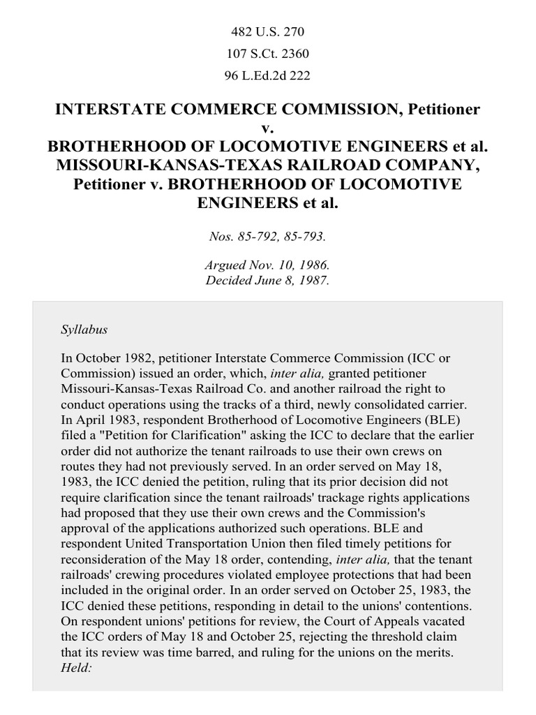 ICC v. Locomotive Engineers, 482 U.S. 270 (1987) | PDF | Interstate Commerce Commission ...