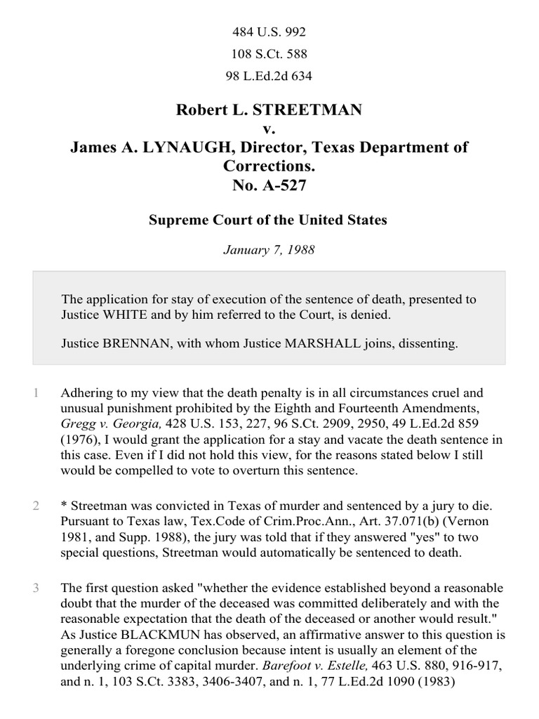 Robert L. Streetman v. James A. Lynaugh, Director, Texas Department of ...