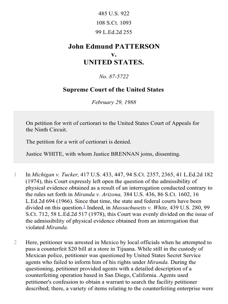 John Edmund Patterson v. United States, 485 U.S. 922 (1988) | PDF ...
