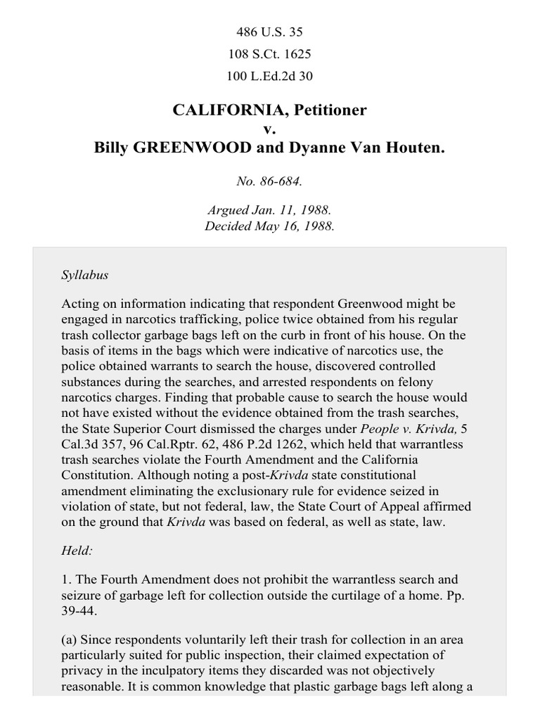 California v. Greenwood, 486 U.S. 35 (1988) | PDF | Search And Seizure ...