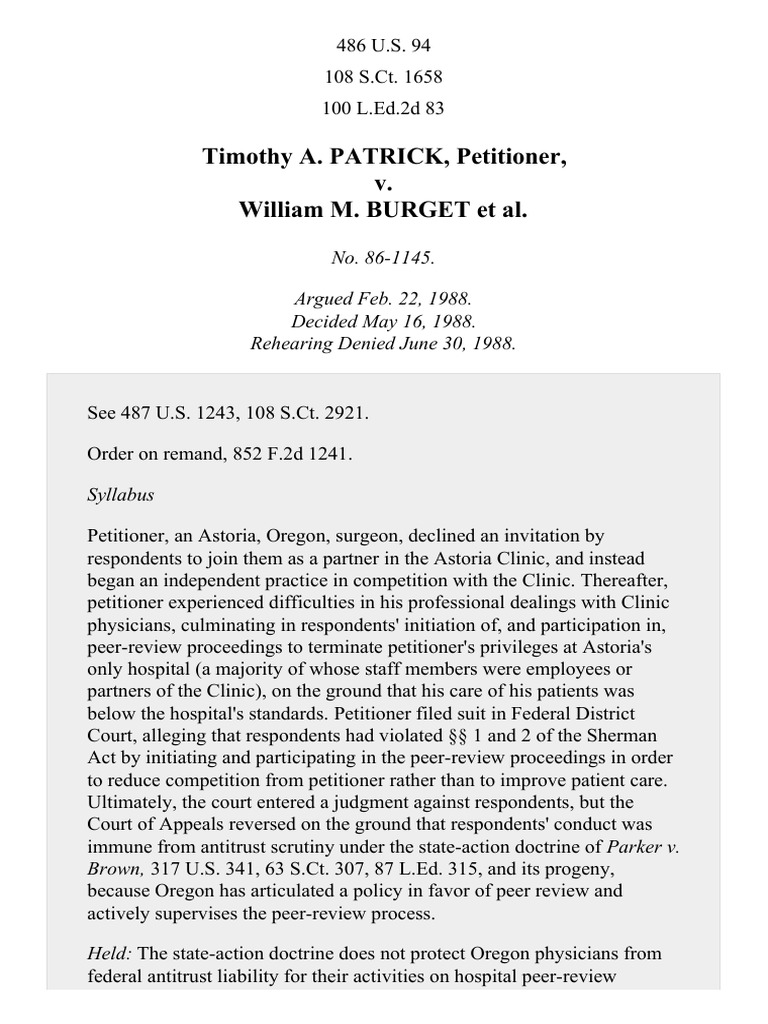 Patrick v. Burget, 486 U.S. 94 (1988) | PDF | Peer Review | Judgment (Law)