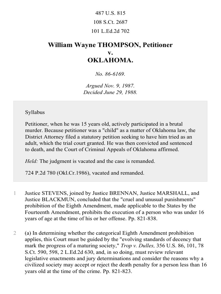 Thompson v. Oklahoma, 487 U.S. 815 (1988) | Eighth Amendment To The ...