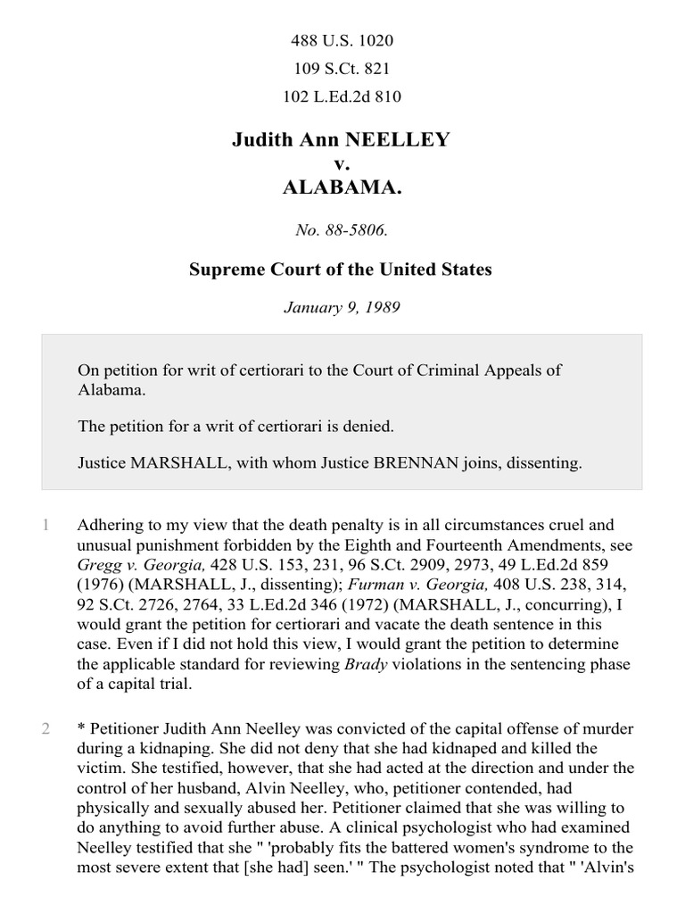 Judith Ann Neelley v. Alabama, 488 U.S. 1020 (1989) | PDF | Supreme ...