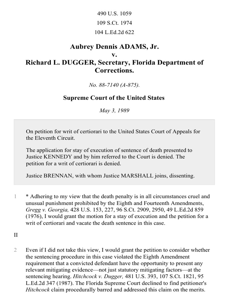 Aubrey Dennis Adams, Jr. v. Richard L. Dugger, Secretary, Florida Department of Corrections, 490 ...