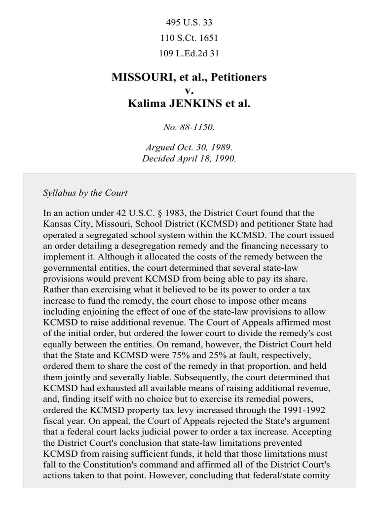 Missouri v. Jenkins, 495 U.S. 33 (1990) | PDF | Supreme Court Of The ...