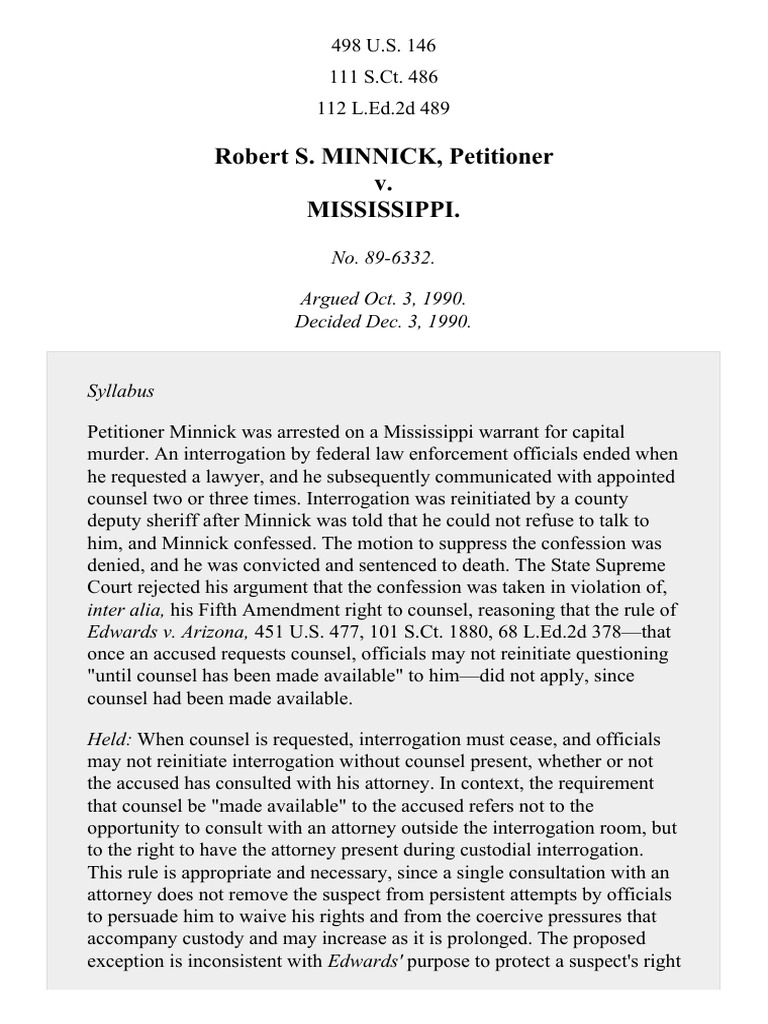 Minnick v. Mississippi, 498 U.S. 146 (1990) | Download Free PDF ...