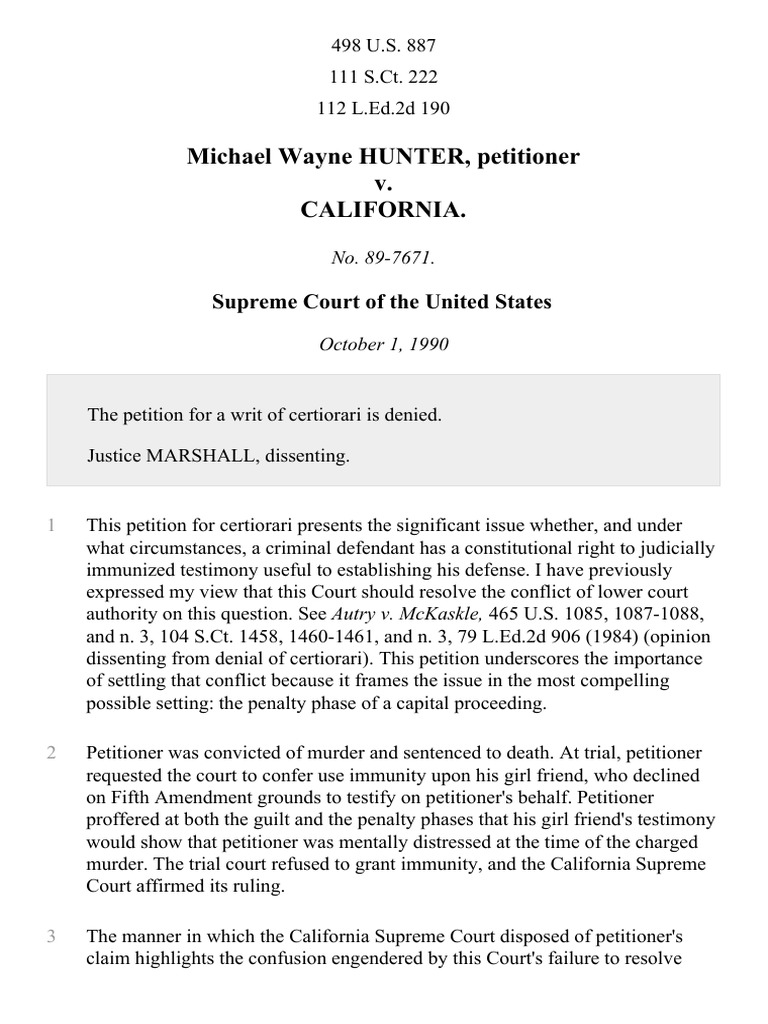Michael Wayne Hunter v. California, 498 U.S. 887 (1990) | PDF ...