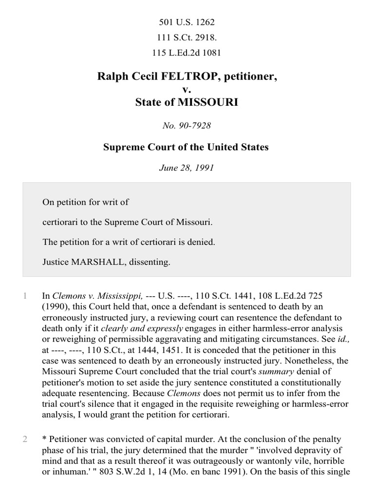 Ralph Cecil Feltrop v. State of Missouri, 501 U.S. 1262 (1991) | PDF ...
