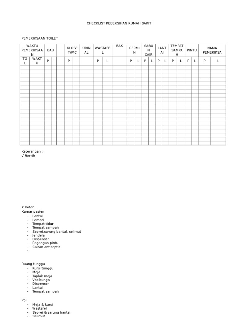 Checklist Kebersihan Rumah Sakit | PDF | Griya & Taman