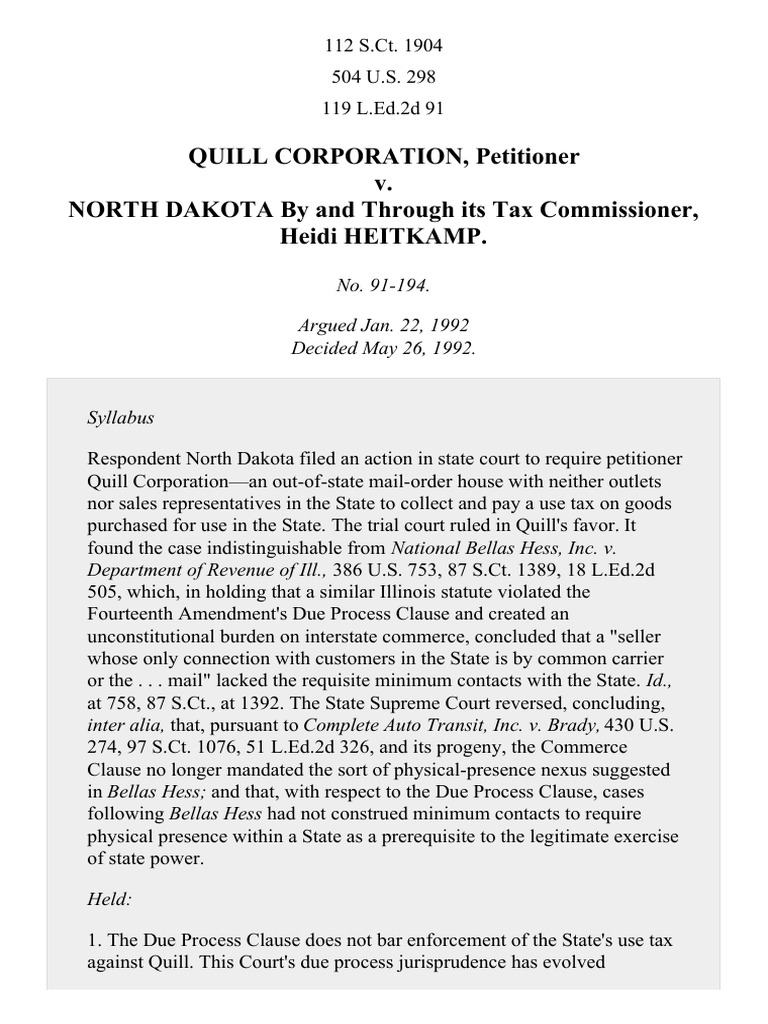 Quill Corp. v. North Dakota, 504 U.S. 298 (1992) | PDF | Commerce ...