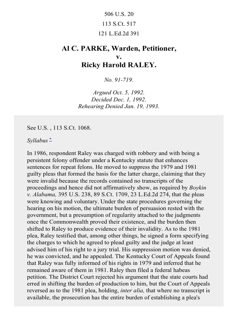 Al C. PARKE, Warden, Petitioner, v. Ricky Harold RALEY | PDF | Burden ...
