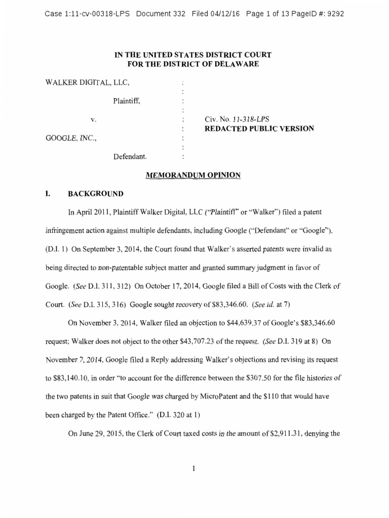 Walker Digital, LLC v. Google, Inc., C.A. No. 11-318-LPS (D. Del. Apr ...