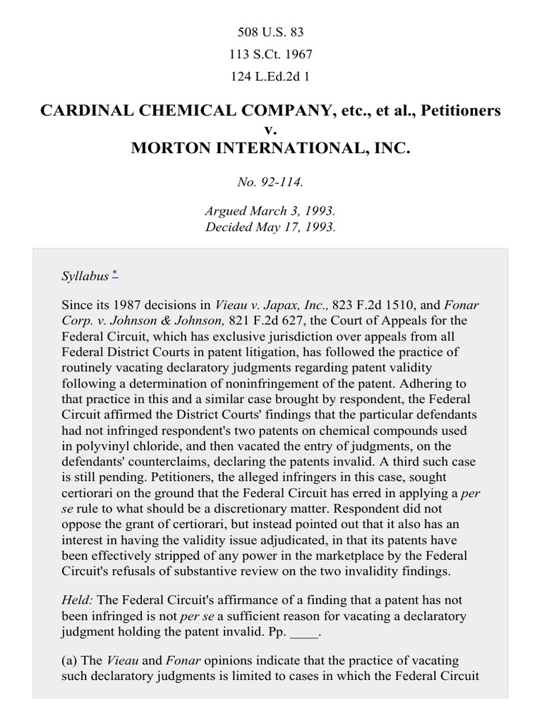 Cardinal Chemical Co. v. Morton Int'l, Inc., 508 U.S. 83 (1993) | PDF ...