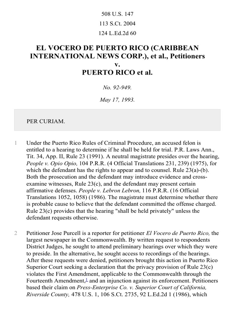 El Vocero de Puerto Rico v. Puerto Rico, 508 U.S. 147 (1993) | PDF ...