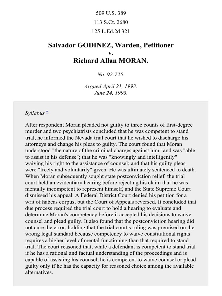 Godinez v. Moran, 509 U.S. 389 (1993) | PDF | Competence (Law) | Plea