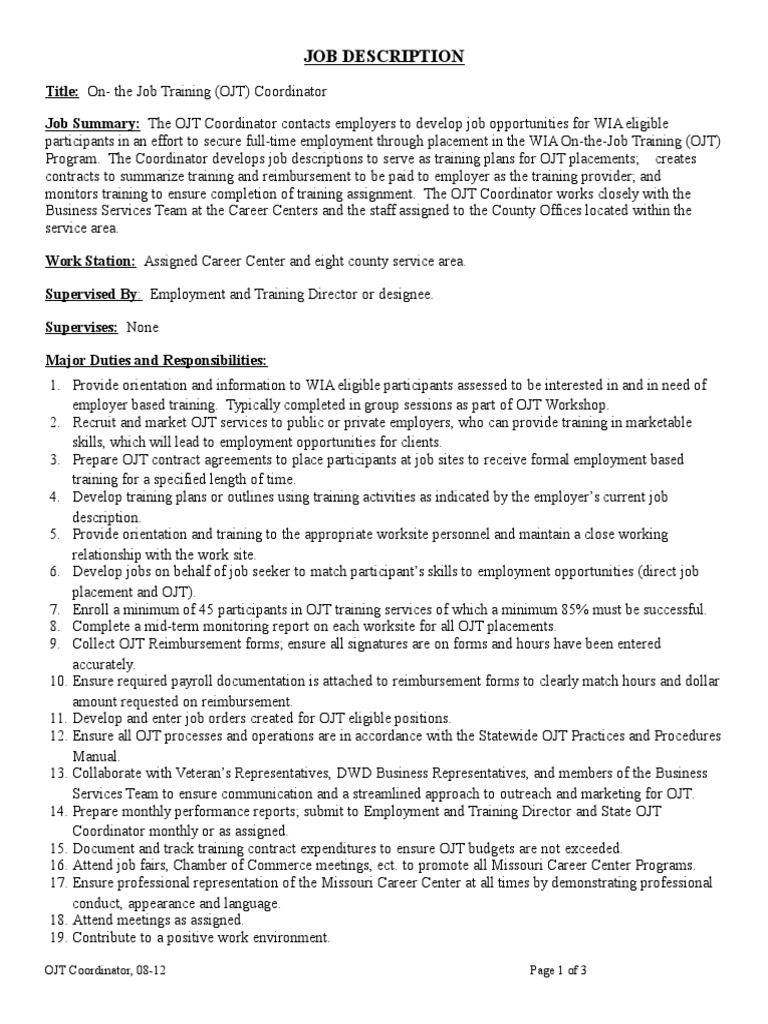OJT Coordinator, 08-12 | PDF | Employment | Social Work