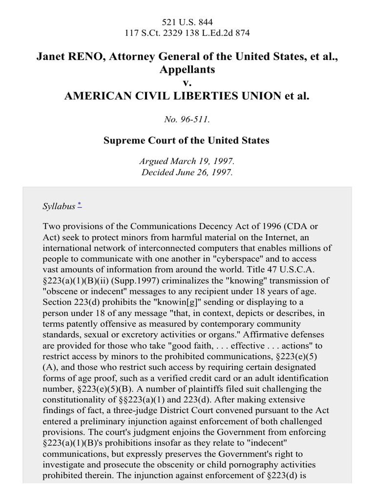 Reno v. American Civil Liberties Union, 521 U.S. 844 (1997) | PDF ...