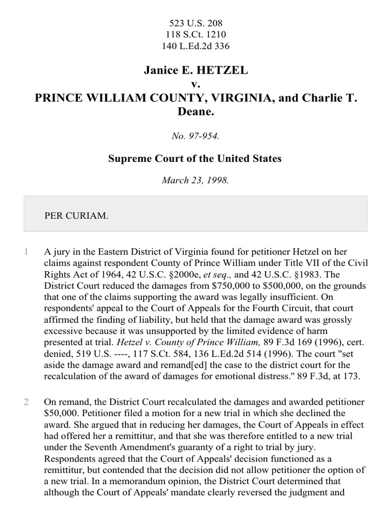 Hetzel v. Prince William County, 523 U.S. 208 (1998) | PDF | Seventh ...