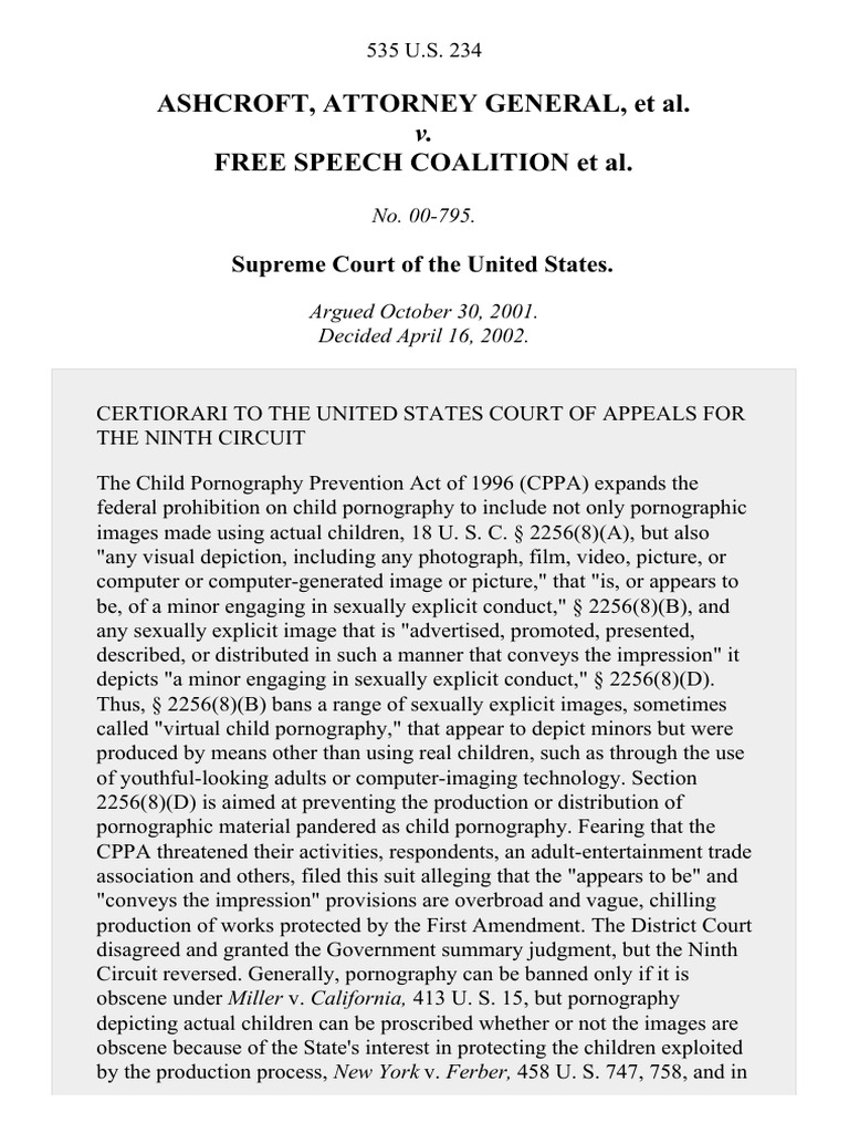 Ashcroft v. Free Speech Coalition, 535 U.S. 234 (2002) | PDF | Child ...