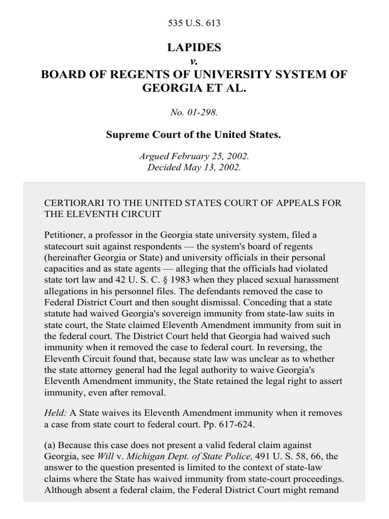 Lapides v. Board of Regents of Univ. System of Ga., 535 U.S. 613 (2002 ...
