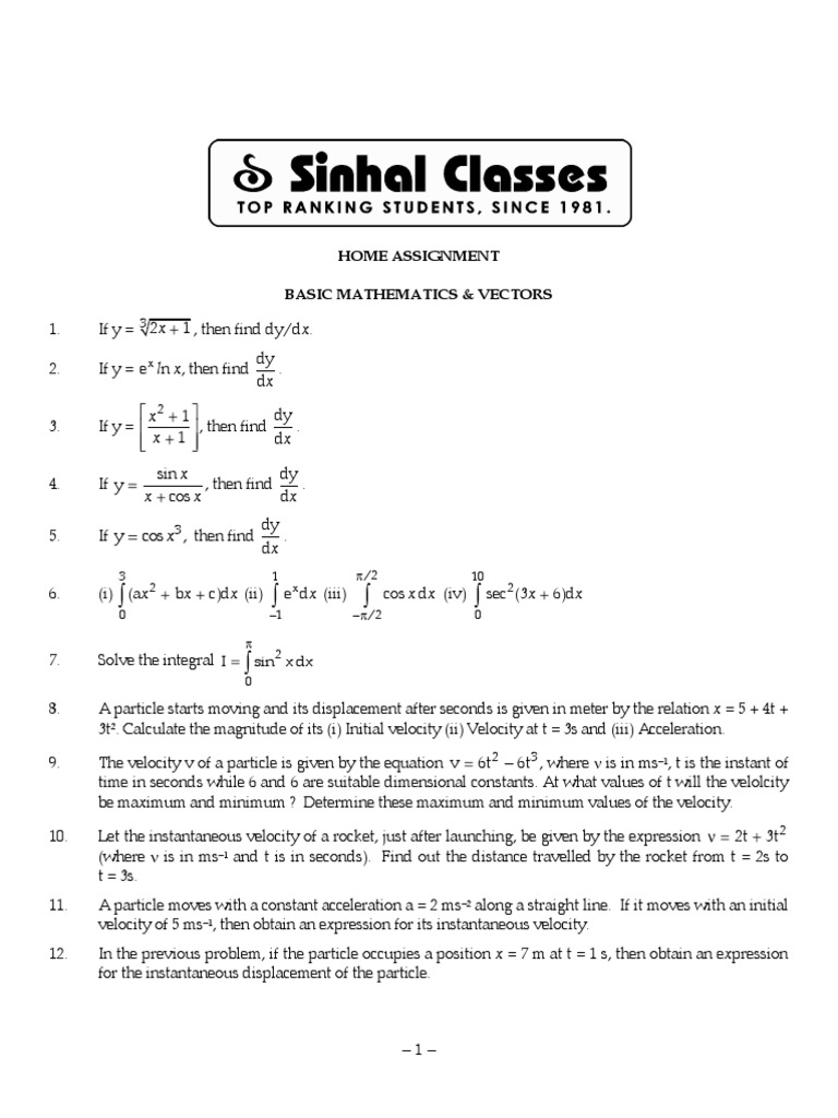 31 Basic Mathematics and Vectors Home Assignment | PDF | Velocity | Acceleration