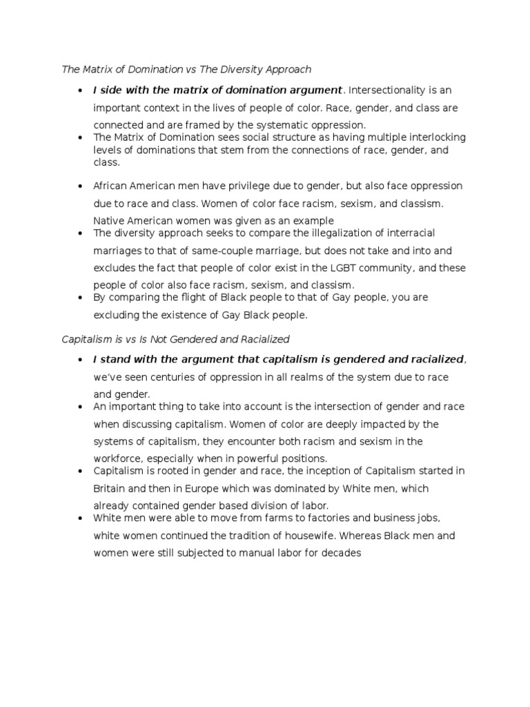 The Matrix of Domination Vs The Diversity Approach | PDF