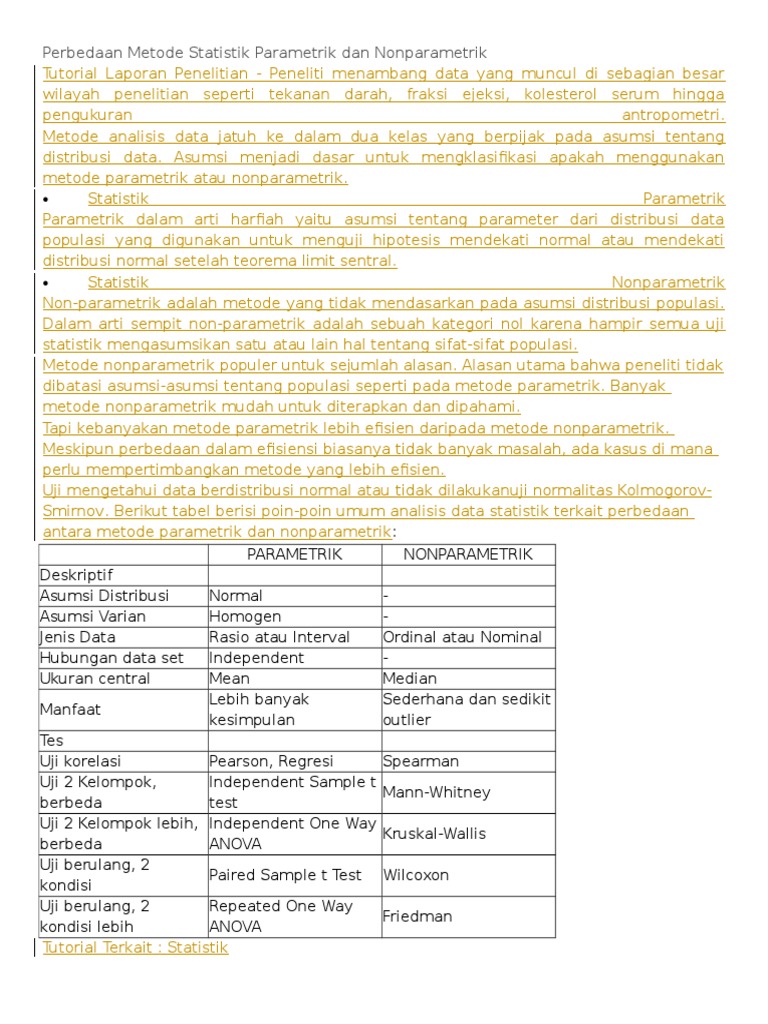 Perbedaan Metode Statistik Parametrik Dan Nonparametrik | PDF