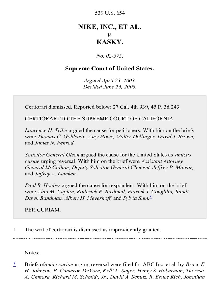 Nike v. Kasky: Supreme Court Ruling | PDF | Standing (Law) | First ...