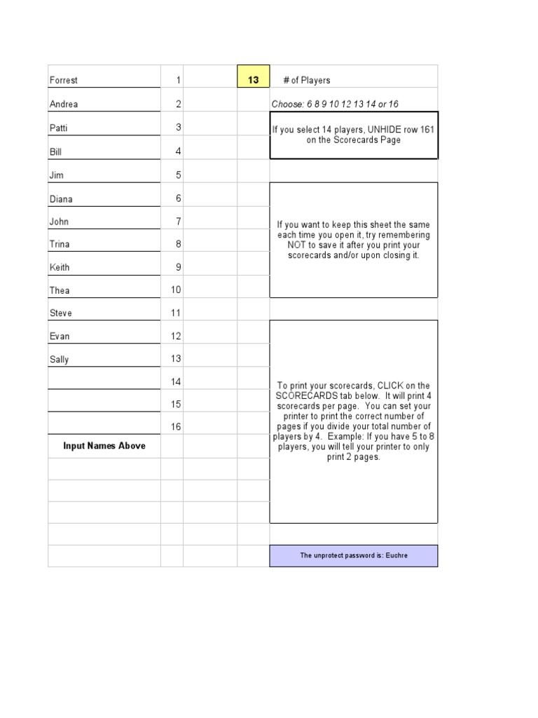 13 Player Euchre Tournament Scorecard Template | PDF | Games Of Mental ...