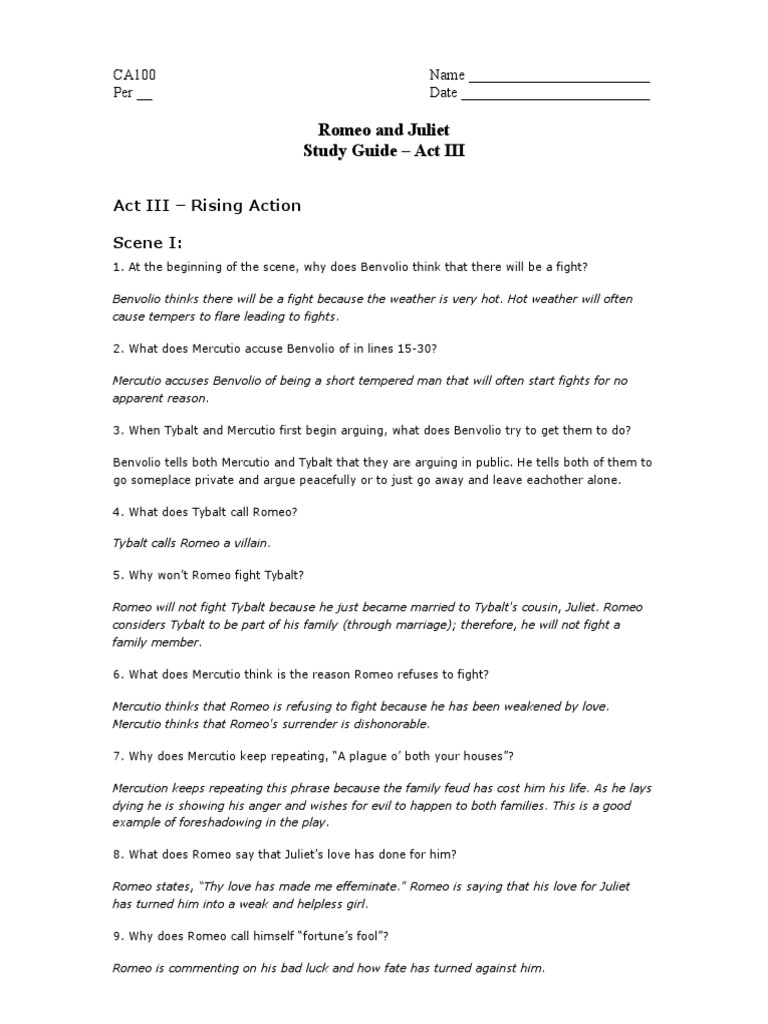 Romeo and Juliet Study Guide Act III - Answers-2 | PDF | Characters In ...