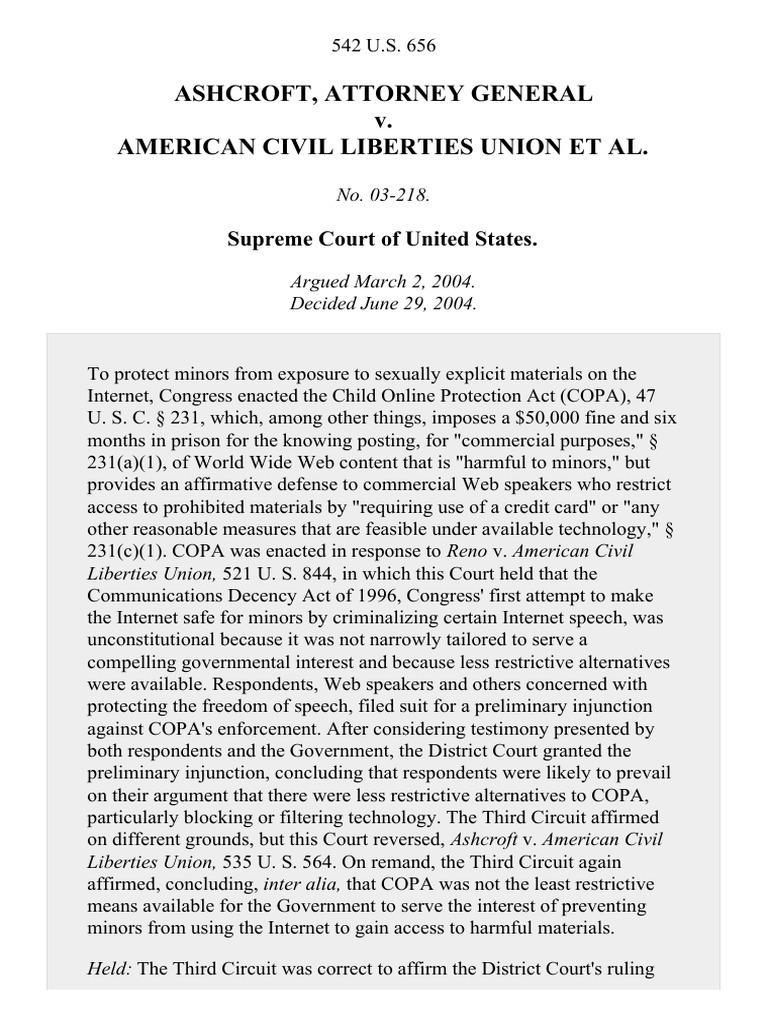 Ashcroft v. American Civil Liberties Union, 542 U.S. 656 (2004) | PDF ...