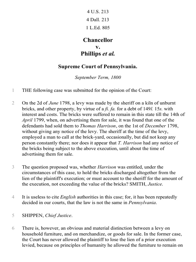 Chancellor v. Phillips, 4 U.S. 213 (1800) | PDF | Precedent | Supreme ...