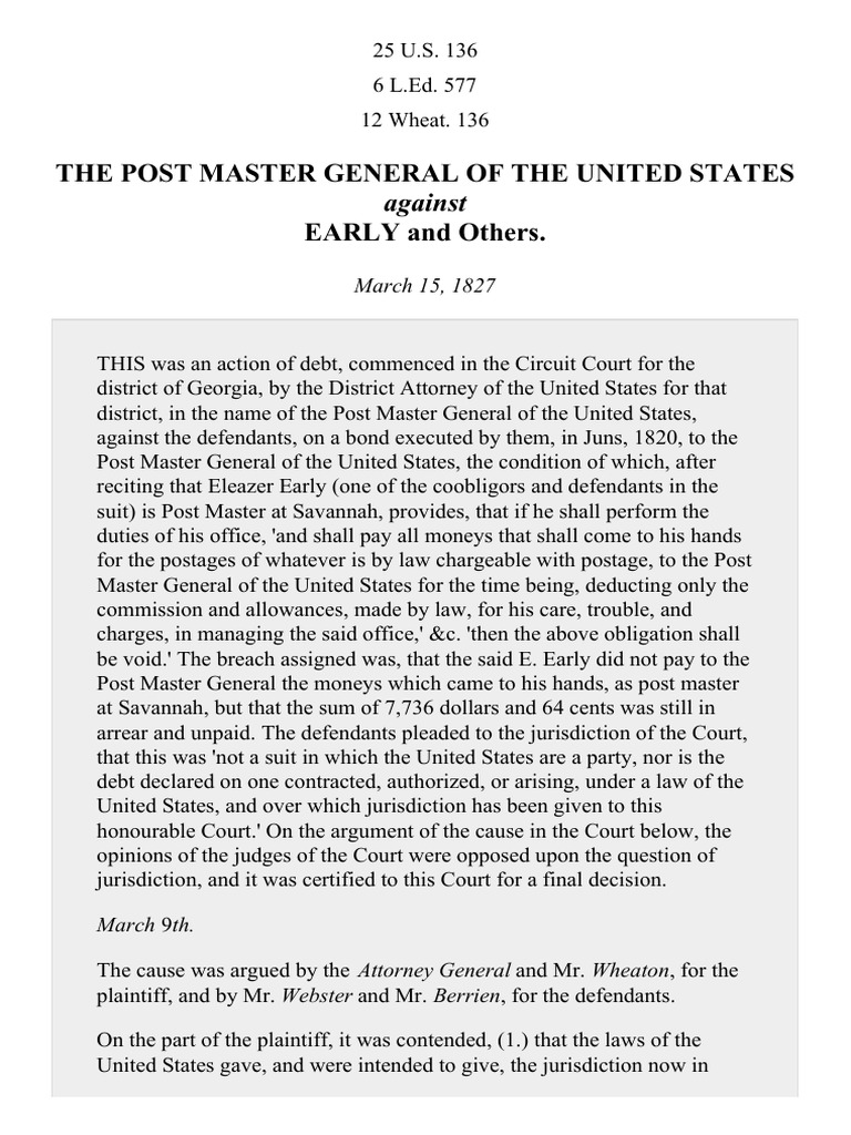 Postmaster General v. Early, 25 U.S. 136 (1827) | PDF | Jurisdiction ...