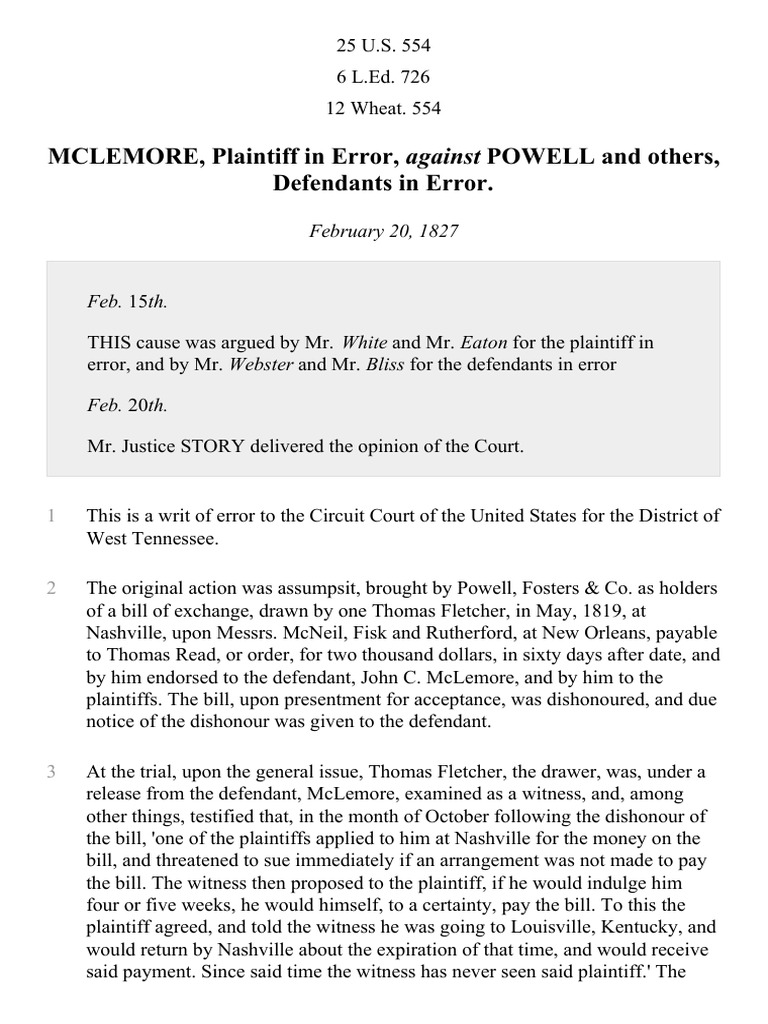 McLemore v. Powell, 25 U.S. 554 (1827) | PDF | Consideration | Lawsuit